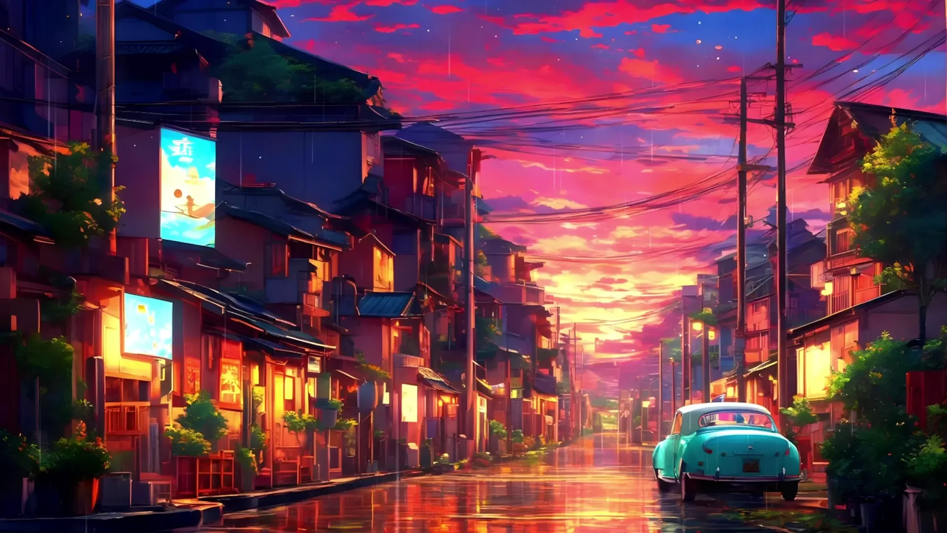 Rainy Sunset Street Live Wallpaper – Cozy Anime City Scene